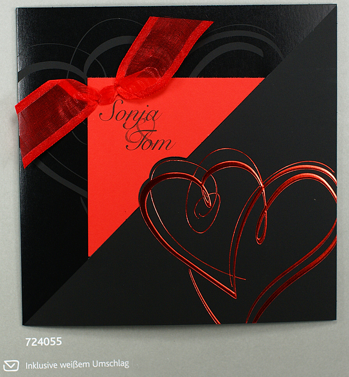 Hochzeitskarte schwarz - rot mit Reliefherzen und Glanzlack | ba724055