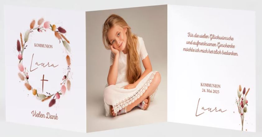 Leporello-Fotodankkarte zur Kommunion mit eigenem Foto und Kranz aus ...